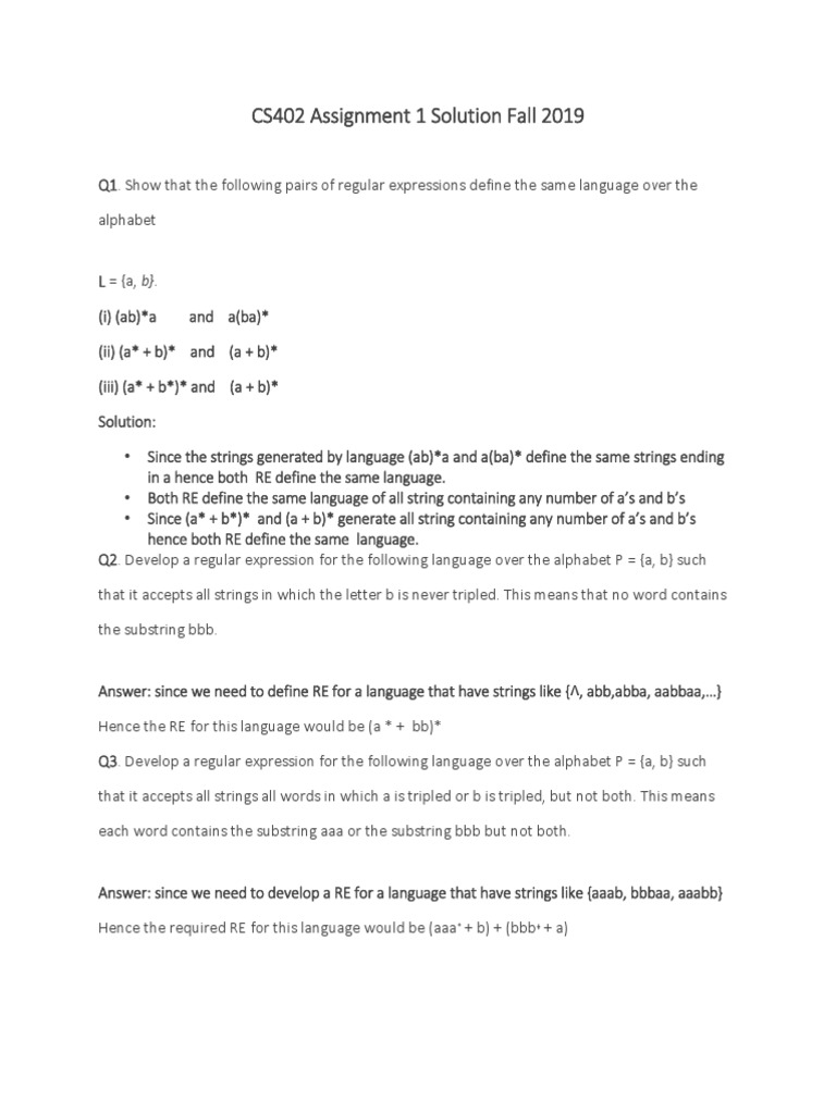 CS402 Regular Expressions Assignment: Solutions for Regular Expression Problems Over Alphabets ...