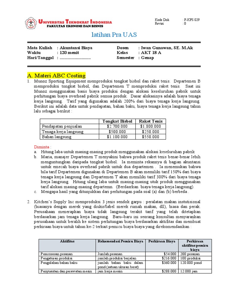 Latihan Pra Uas - Akt Biaya | PDF