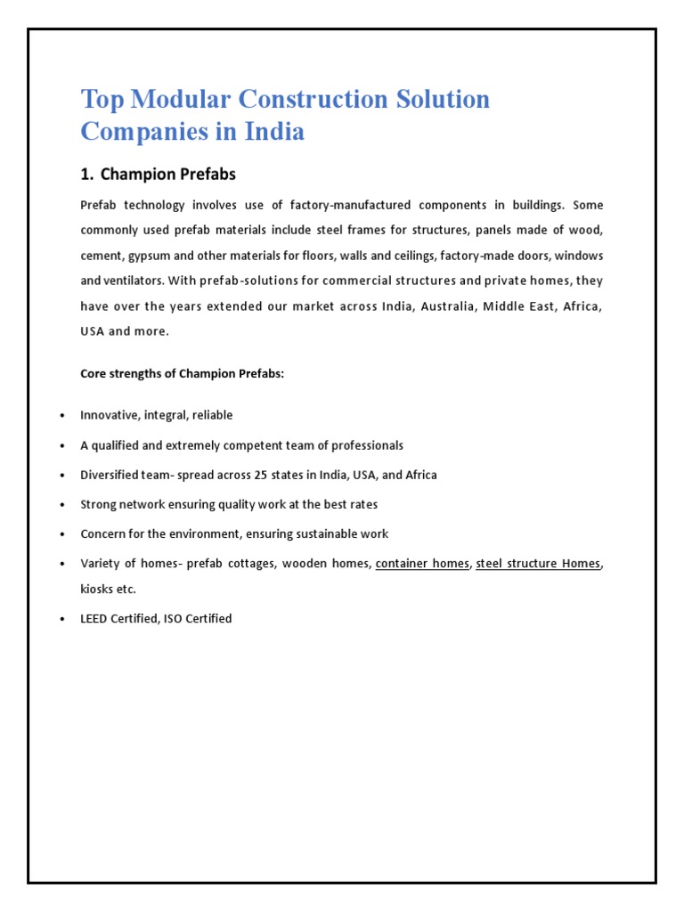Top Modular Construction Solution Companies in India: 1. Champion ...