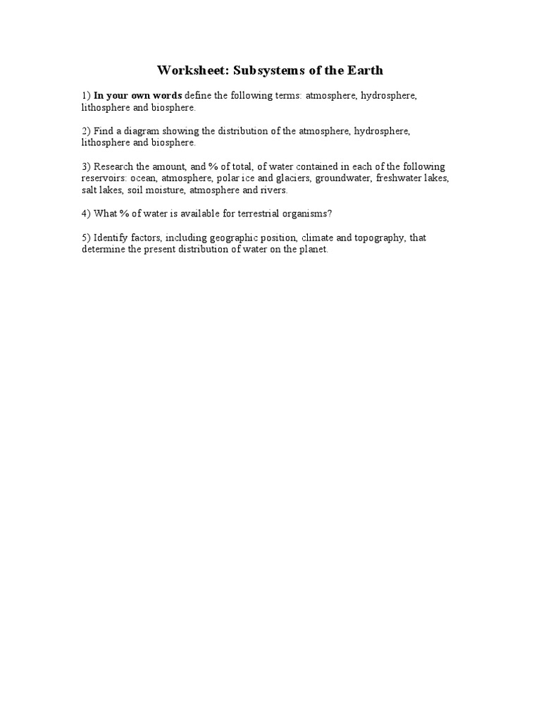 Worksheet: Subsystems of The Earth | PDF