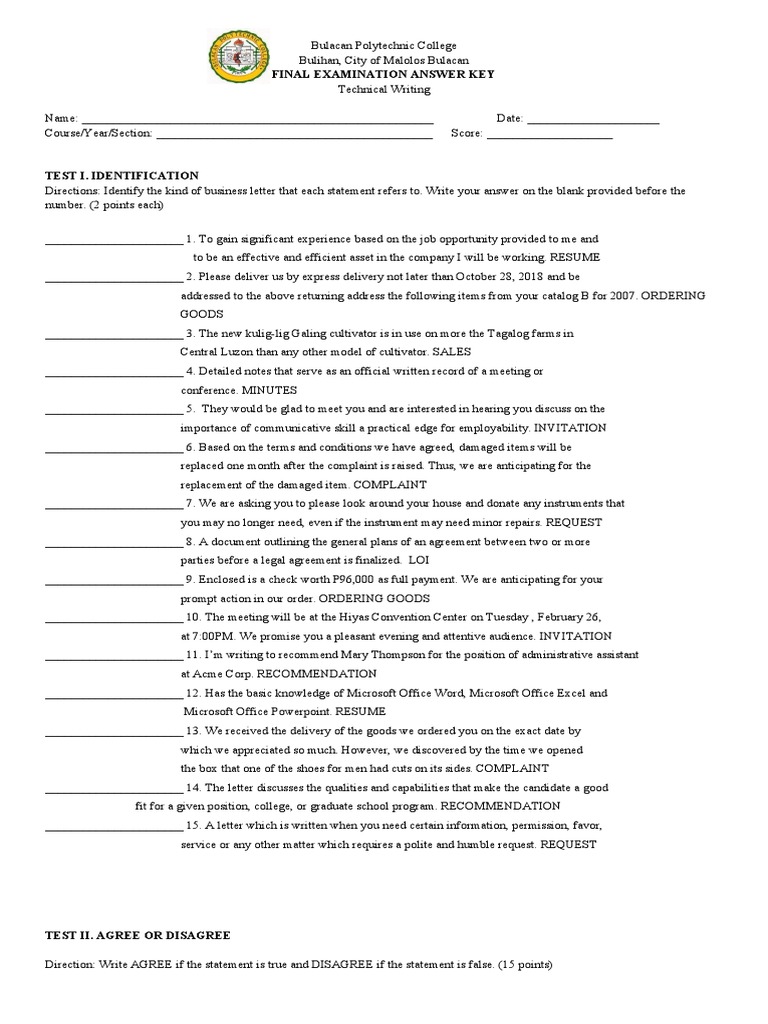 Final Examination Answer Key | PDF | Microsoft Office | Mail