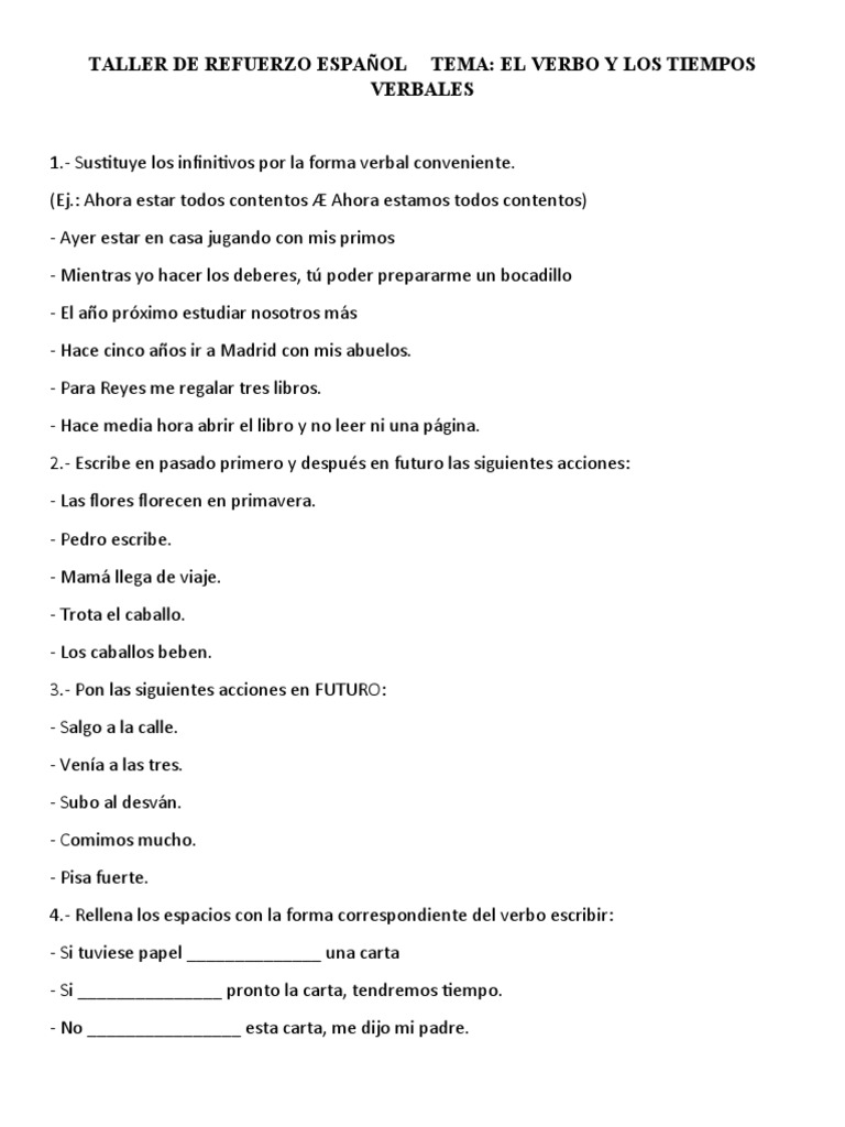 Taller Verbo Cuarto Pdf Verbo Idiomas
