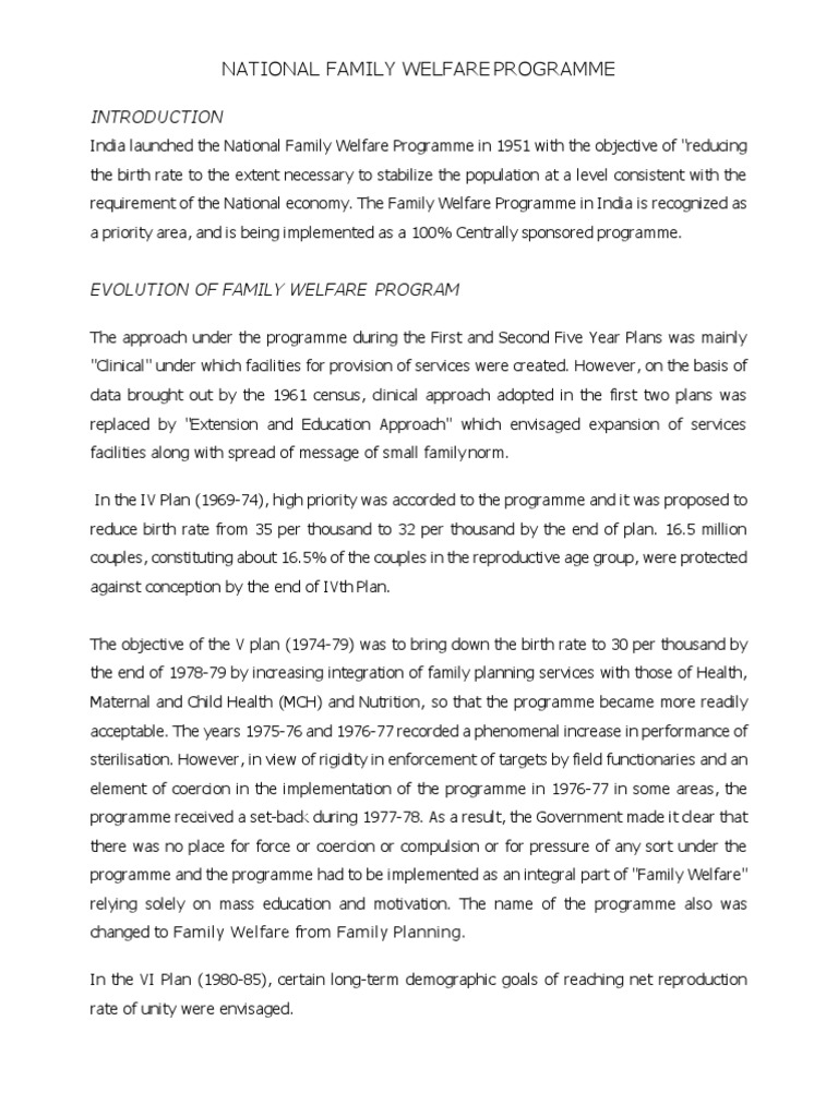 NATIONAL FAMILY WELFARE PROGRAMME Word File PDF | PDF | Birth Control ...