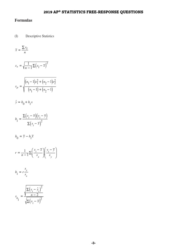Formula Sheet AP Statistics 2019 Free-Response Questions | PDF ...