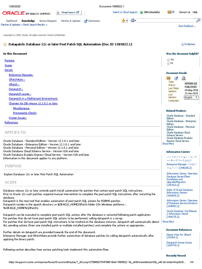 Datapatch: Database 12c or Later Post Patch SQL Automation (Doc ID 1585822.1) | PDF | Databases ...