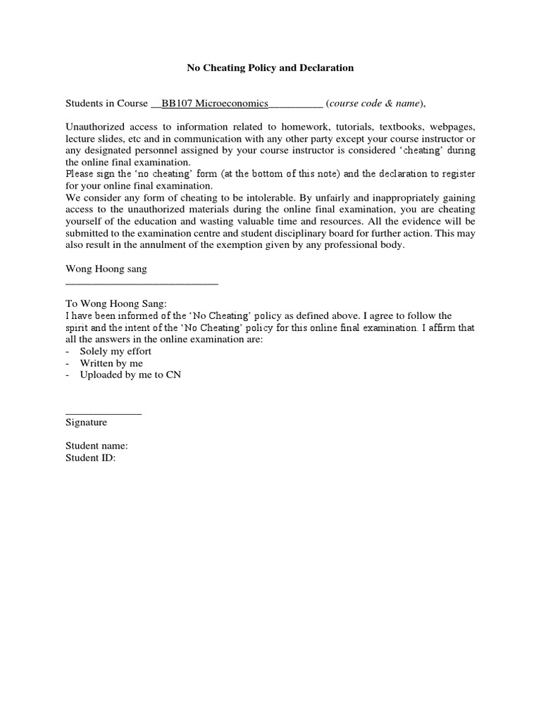 No Cheating Policy and Declaration | PDF