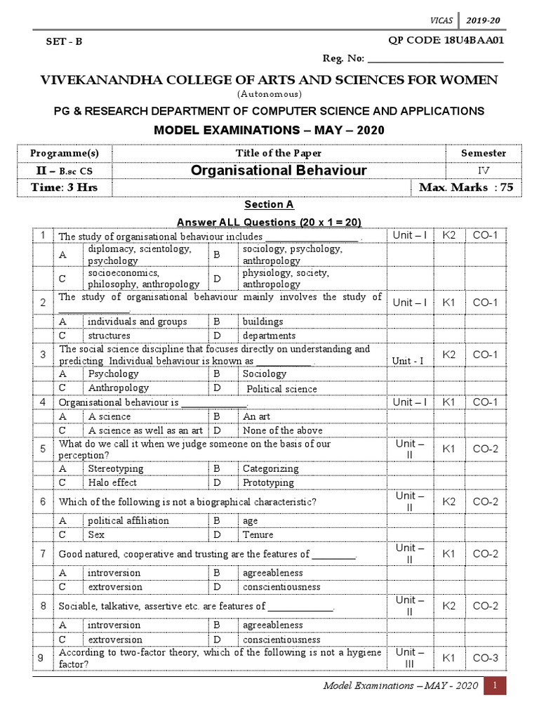 Organisational Behaviour Model QP Set B | PDF | Extraversion And Introversion | Organizational ...