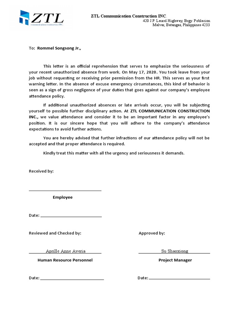 Official Reprehension Letter Regarding Unauthorized Absence from Work | PDF