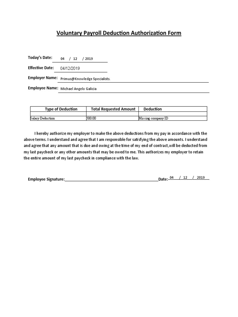 Voluntary Payroll Deduction Form | PDF