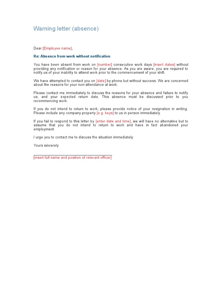 Warning Letter (Absence) : (Employee Name) | PDF