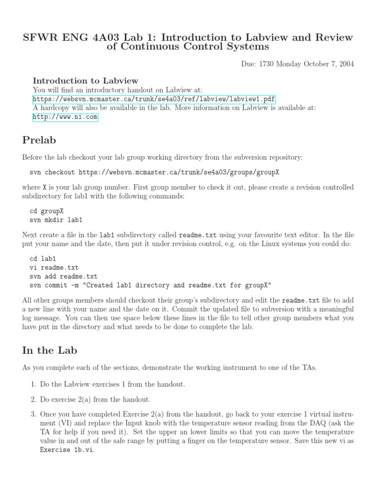SFWR ENG 4A03 Lab 1: Introduction To Labview and Review of Continuous ...