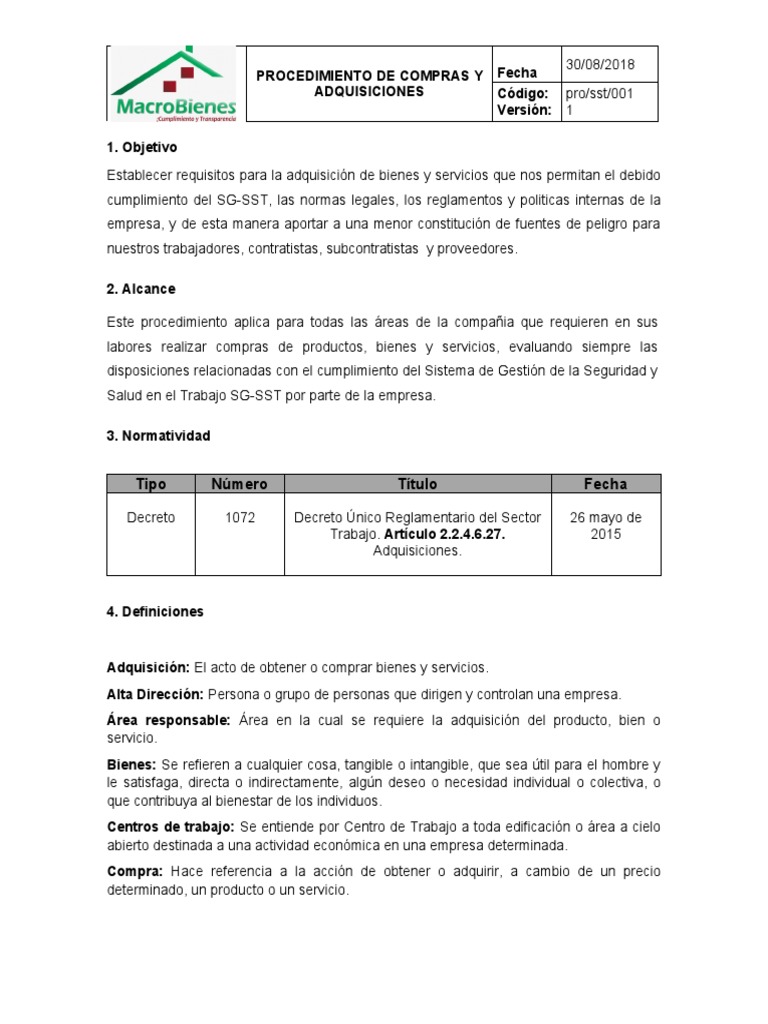 Procedimiento de Compras y Adquisiciones | PDF | Bienes | Seguridad y salud ocupacional