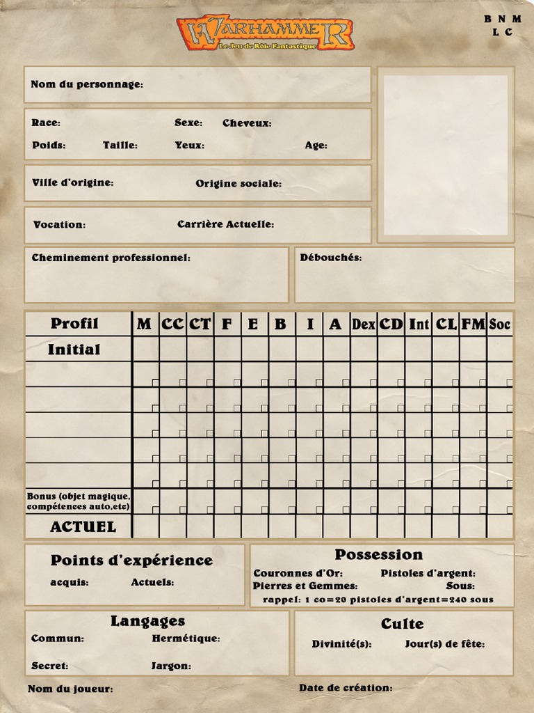 Feuille de Perso Warhammer JDR | PDF Feuille de Perso Warhammer JDR | PDF