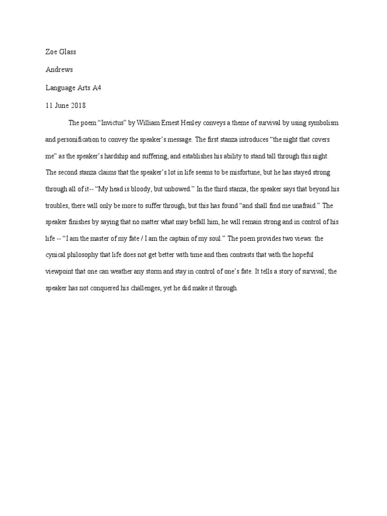 Analysis of "Invictus" Poem Themes | PDF
