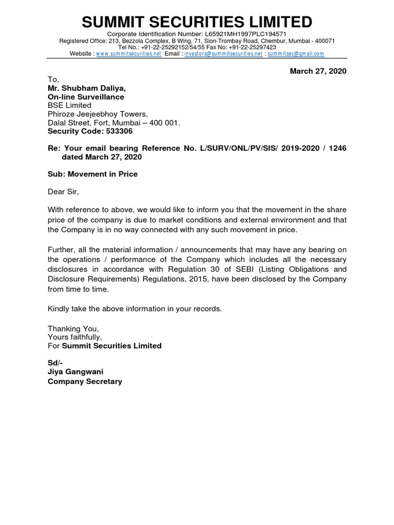 Summit Securities Limited: March 27, 2020 Mr. Shubham Daliya, On-Line ...