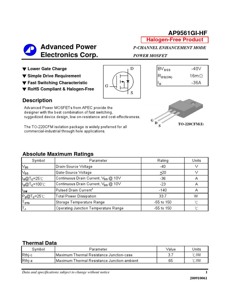 Advanced Power Electronics Corp.: Description | PDF | Field Effect ...