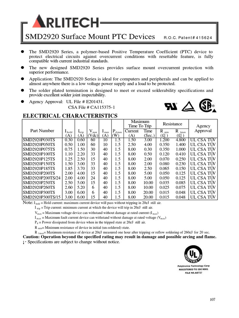 SMD2920 Surface Mount PTC Devices: Electrical Characteristics | PDF | Electromagnetism ...