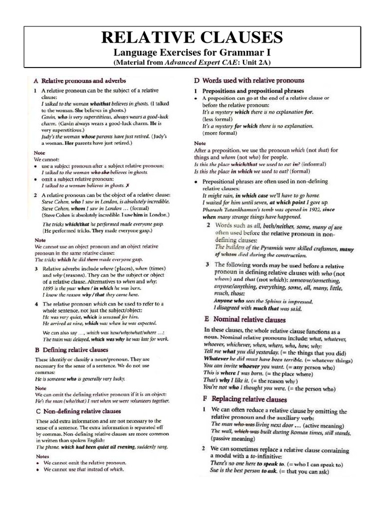 Advanced Relative Clauses Exercises | PDF