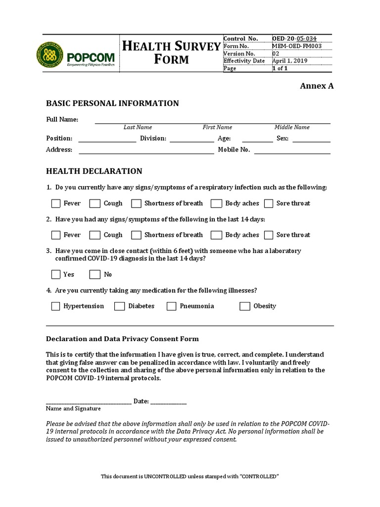 ANNEX A - POPCOM Health Survey Form | PDF | Public Health | Clinical ...