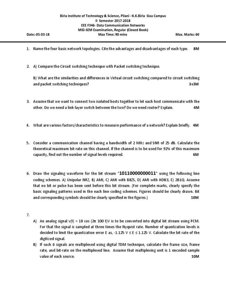 Mid-Term Q. Paper DCN | PDF | Bit Rate | Signal To Noise Ratio