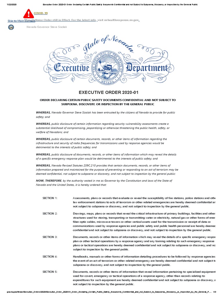 Gov. Steve Sisolak Order Sealing Terrorism Plans | PDF | Discovery (Law ...