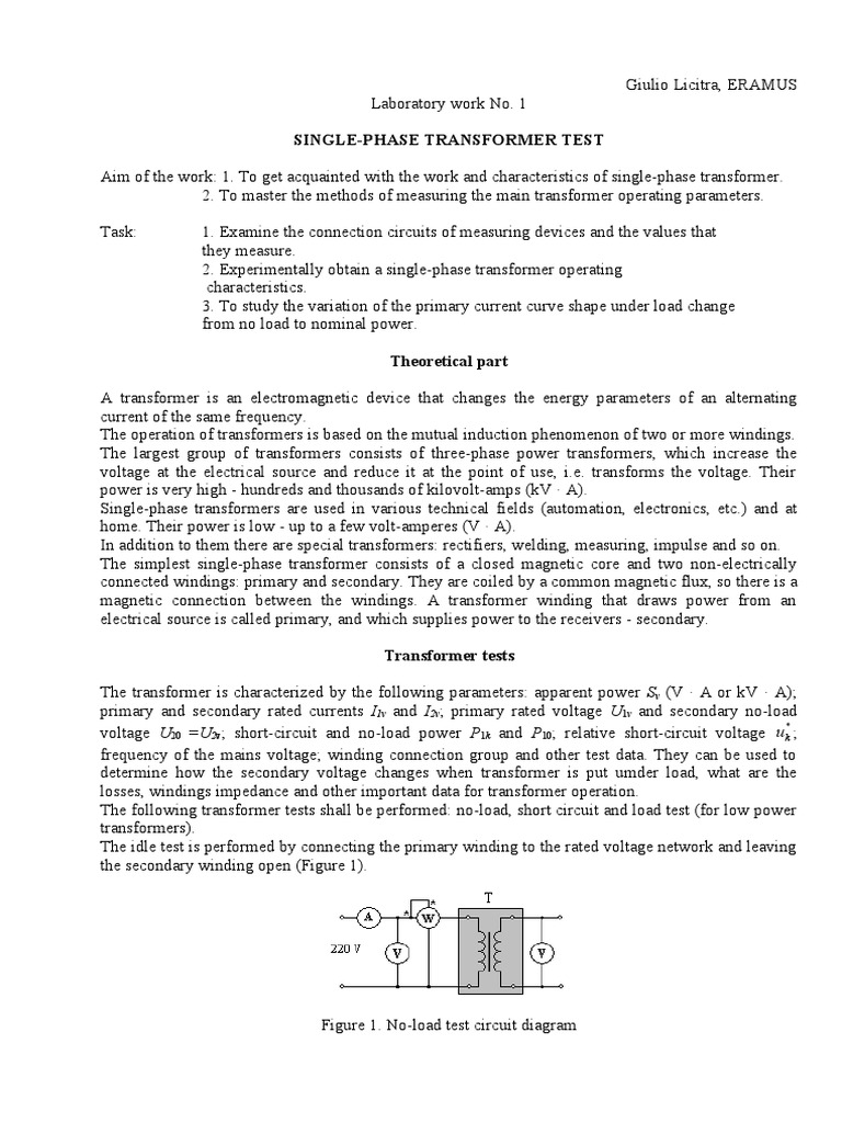 Single-Phase Transformer Test: V 1v 2v 2v K | PDF | Transformer ...