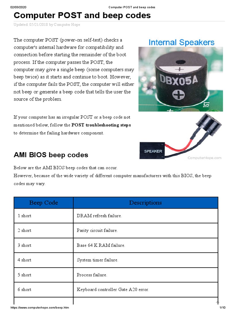 Computer POST and Beep Codes PDF | PDF | Bios | Random Access Memory