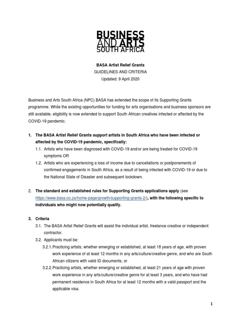 BASA Artist Relief Grants Guidelines and Criteria | PDF | Government ...