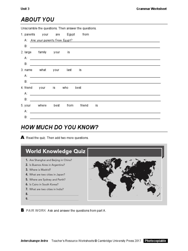 Interchange Intro - Unit 3 - Grammar Worksheet | PDF
