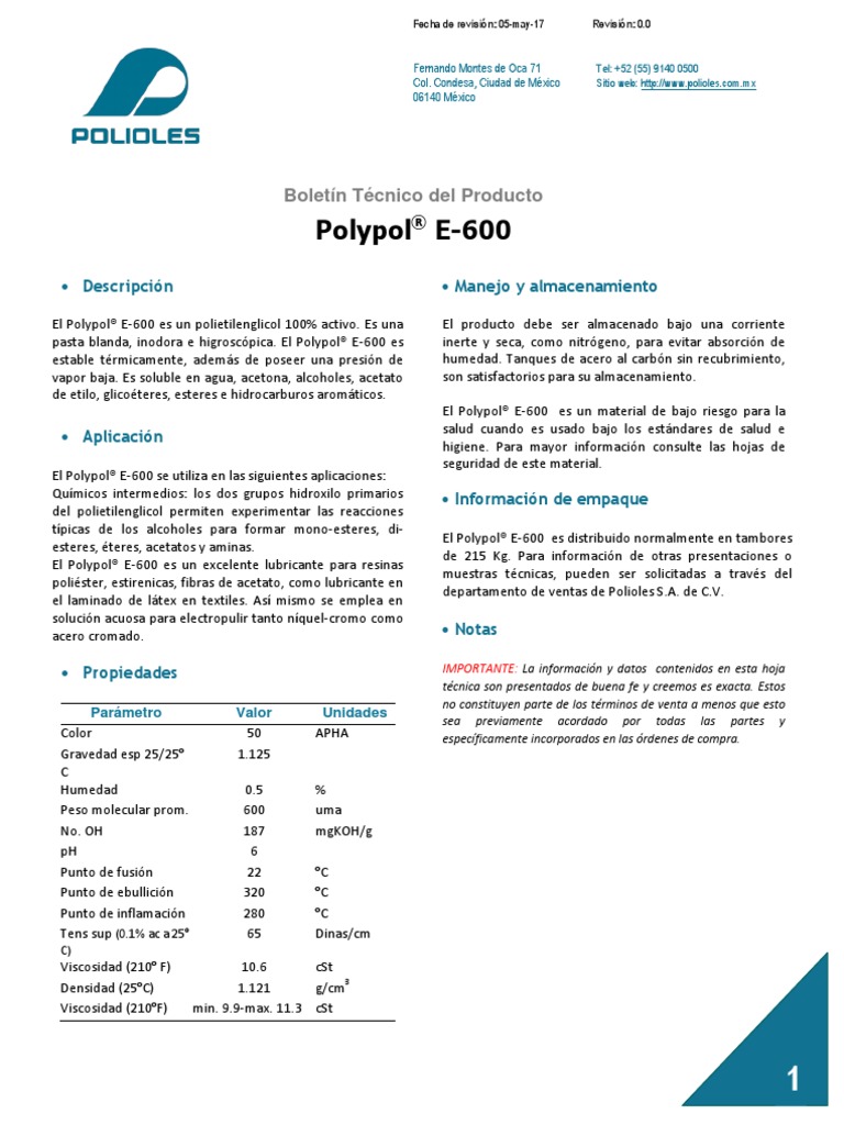 Ficha Tecnica Polietilenglicol Peg 600 TDS Polypol | PDF ...