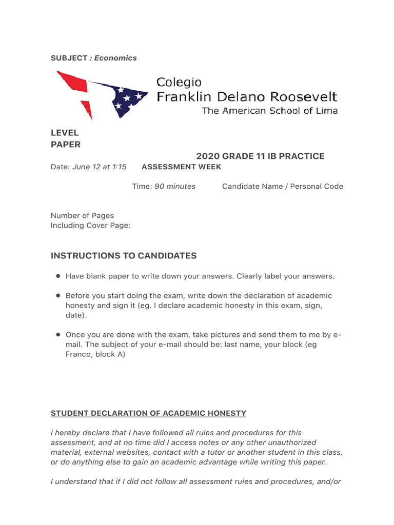 Level Paper 2020 Grade 11 Ib Practice: SUBJECT: Economics | PDF