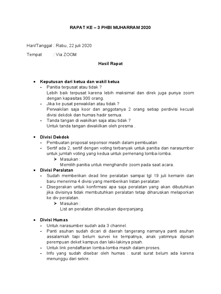 Notulensi Rapat Ke-3 Phbi Muharram 2020 | PDF | Karier & Perkembangan
