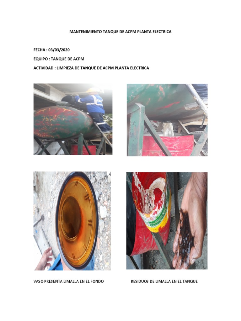 Informe de Mantenimiento Limpieza de Tanque Acpm Planta Electrica | PDF ...