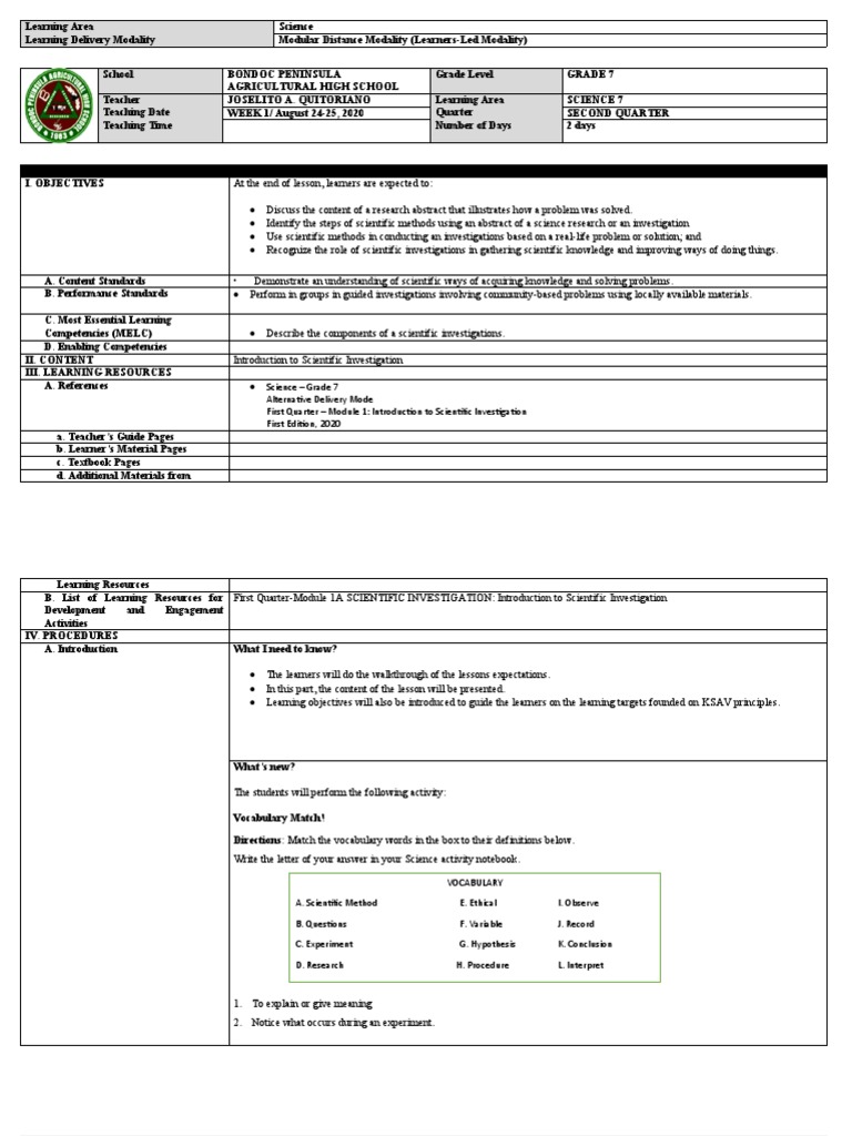 Grade 7 Science Quarter 1 Exemplar | PDF | Experiment | Hypothesis