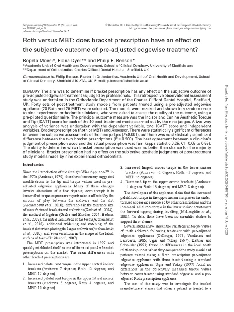 Roth Vs MBT PDF | PDF | Orthodontics | Standard Deviation