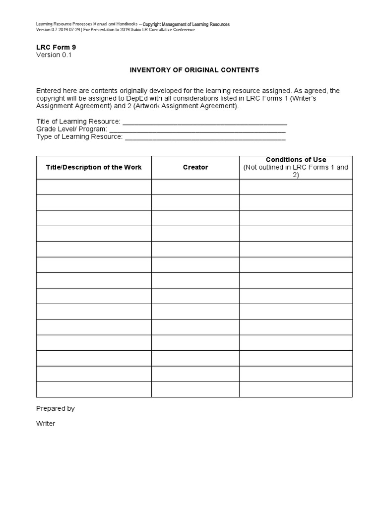 LRC Form 9: Version 0.7 2019-07-29 - For Presentation To 2019 Subic LR ...