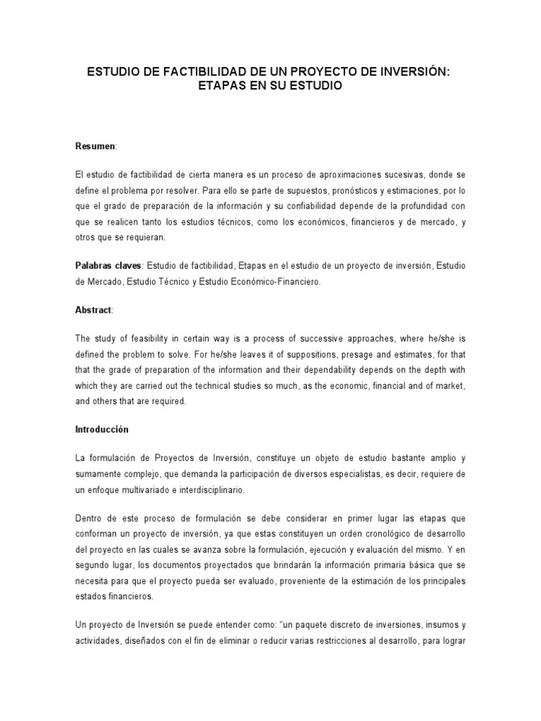 Estudio De Factibilidad De Un Proyecto De Inversión Pdf Valor