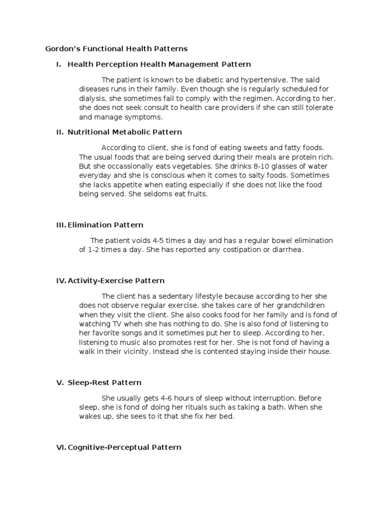 Gordon's Health Patterns Assessment | PDF | Sleep | Foods