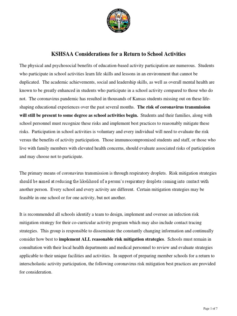 KSHSAA COVID-19 Activity Guidelines | PDF | Emergency Management ...