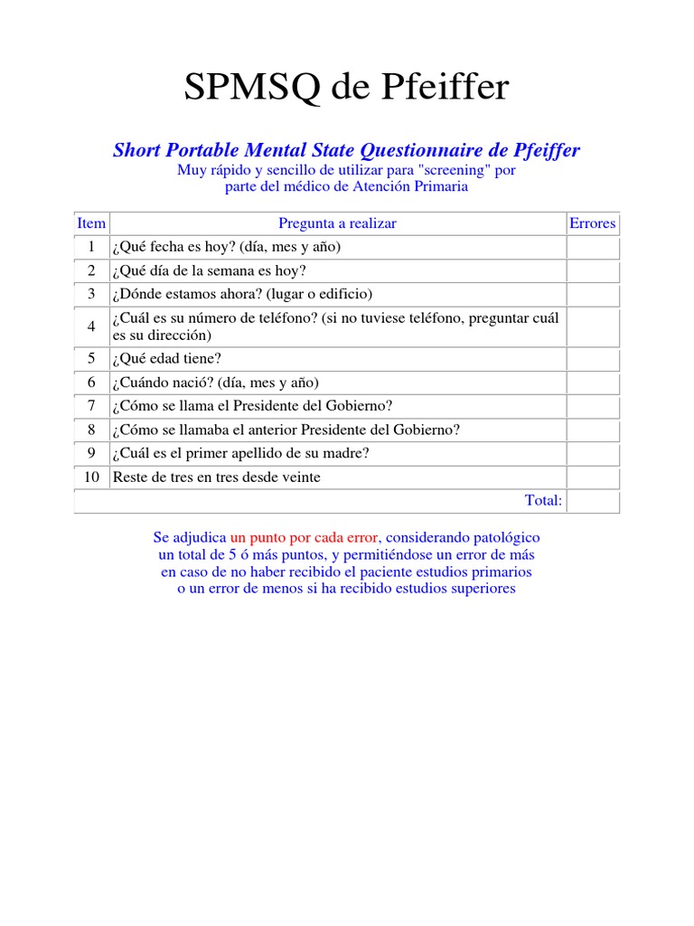 Short Portable Mental State Questionaire de Pfeiffer - SPMSQ | PDF