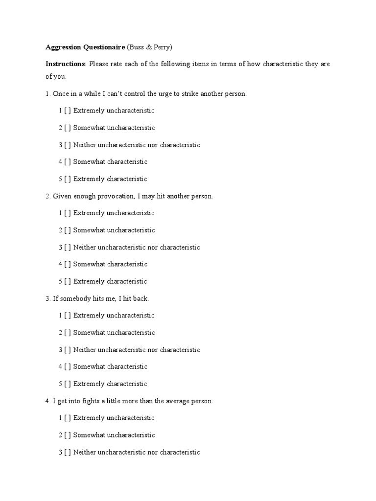 Aggression Questionaire (Buss & Perry) Instructions: Please Rate Each ...