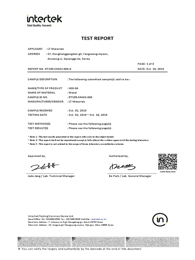 Test Report: Intertek Testing Services Korea LTD | PDF | Chemical ...