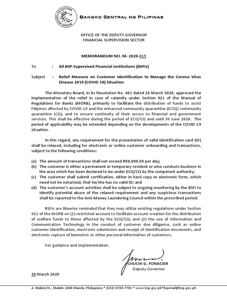 BSP Memorandum No. M-2020-015 PDF | PDF | Identity Document | Government