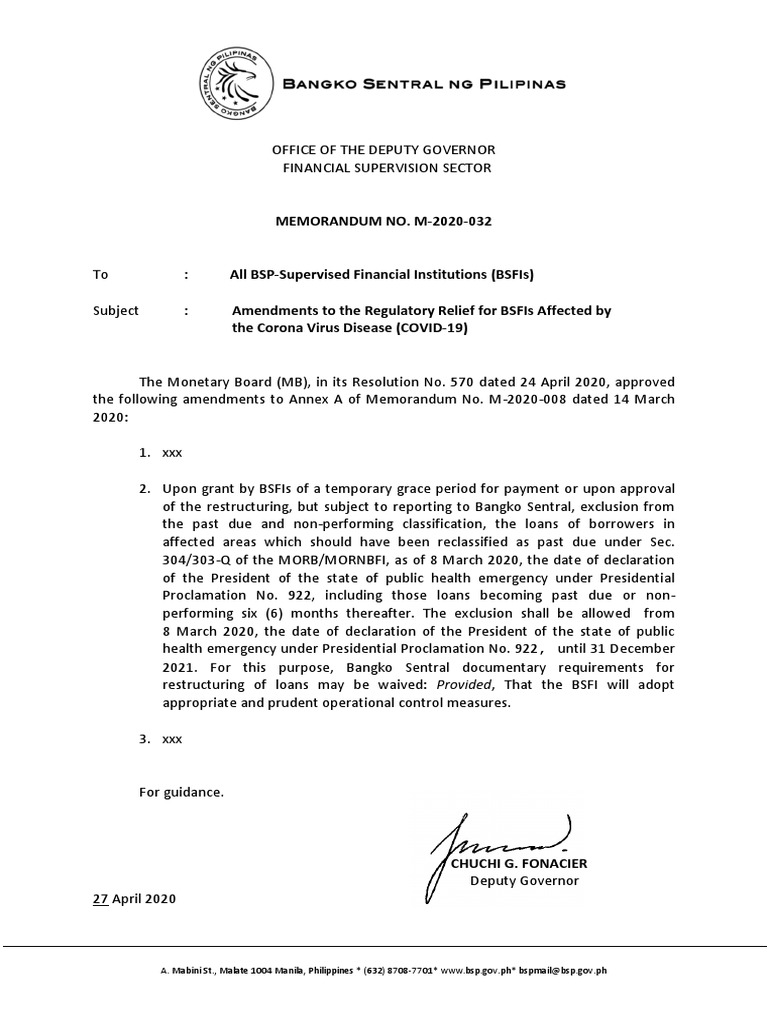 BSP Memorandum No. M-2020-032 (Amendment To Regulatory Relief) | PDF