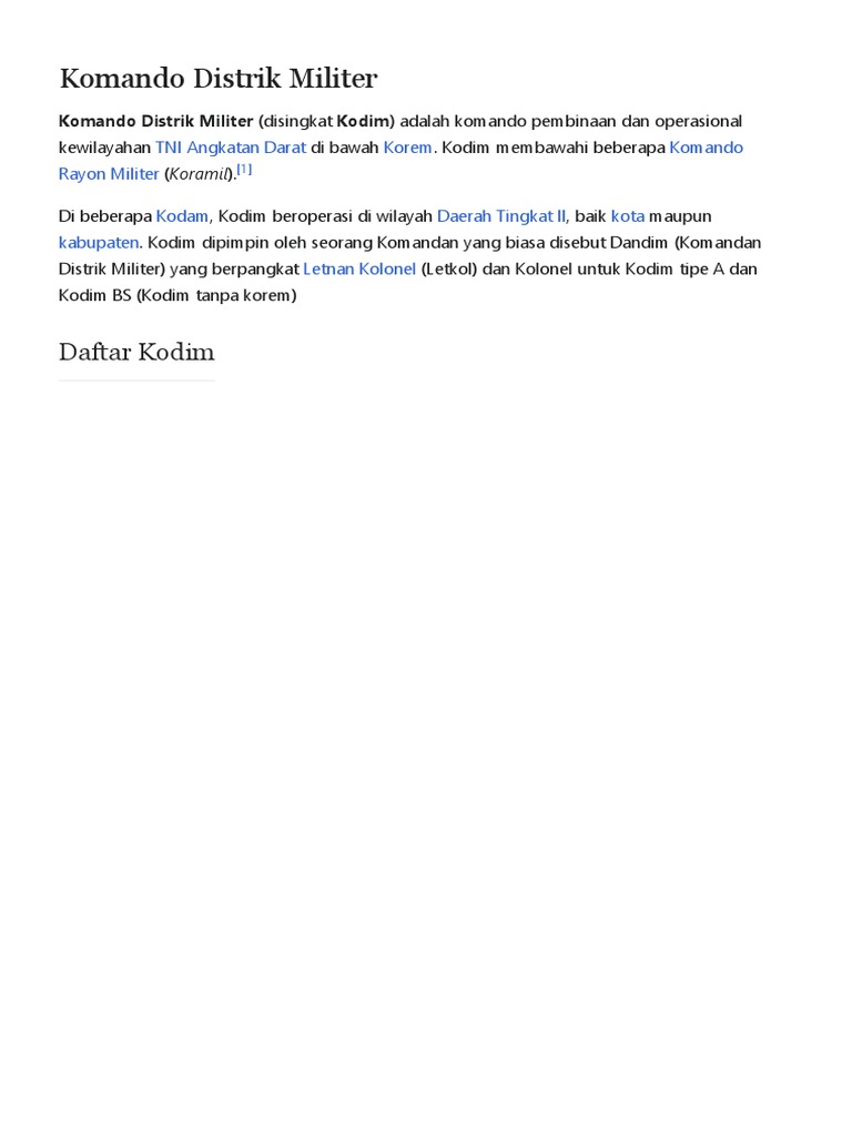 Komando Distrik Militer - Wikipedia Bahasa Indonesia, Ensiklopedia Bebas | PDF