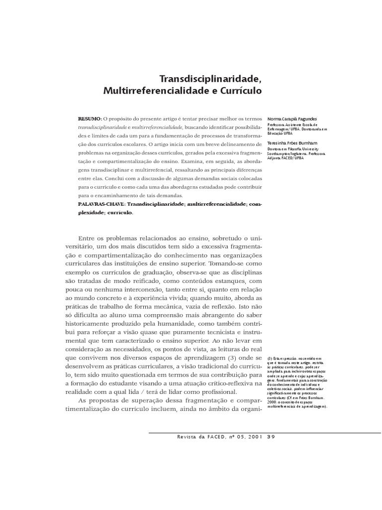 FAGUNDES, Norma Carapiá & BURNHAM, Teresinha Fróes ...