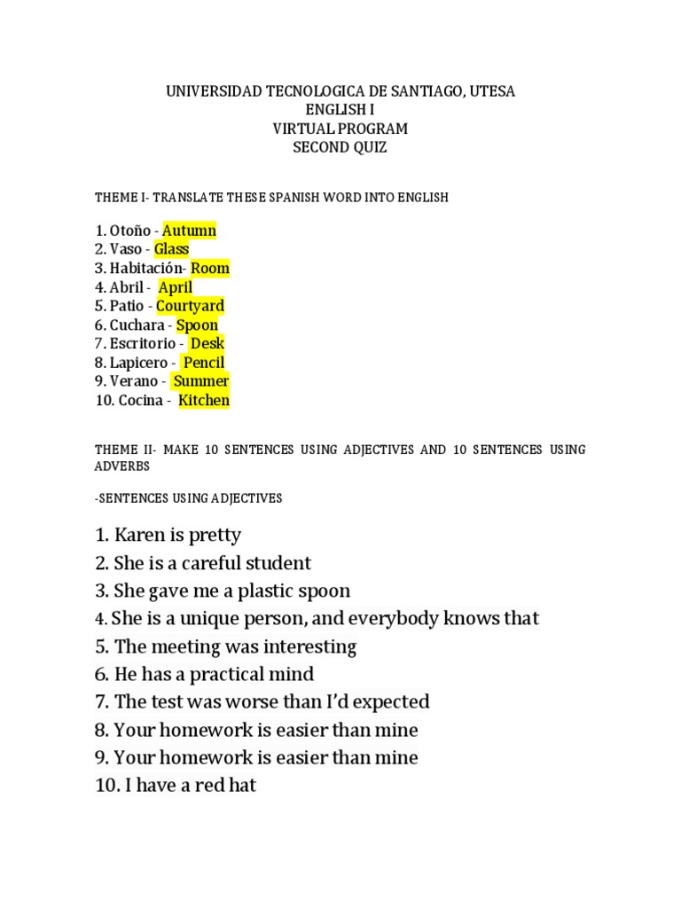 Theme I-Translate These Spanish Word Into English | PDF