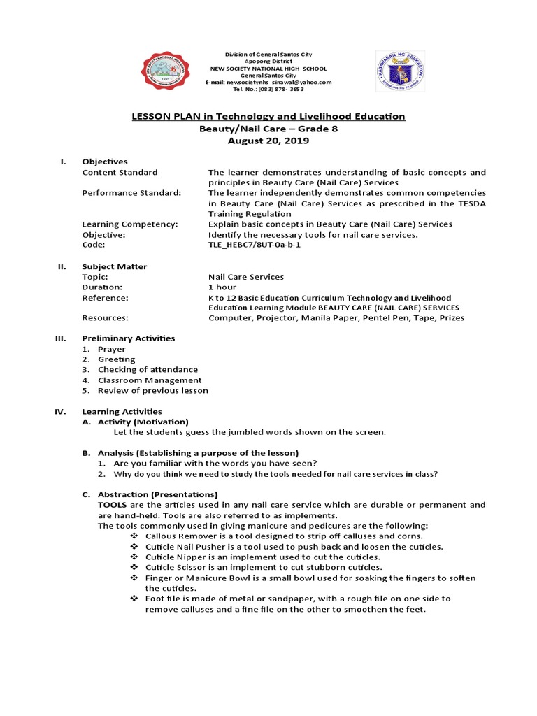 LESSON PLAN in Technology and Livelihood Education Beauty/Nail Care ...