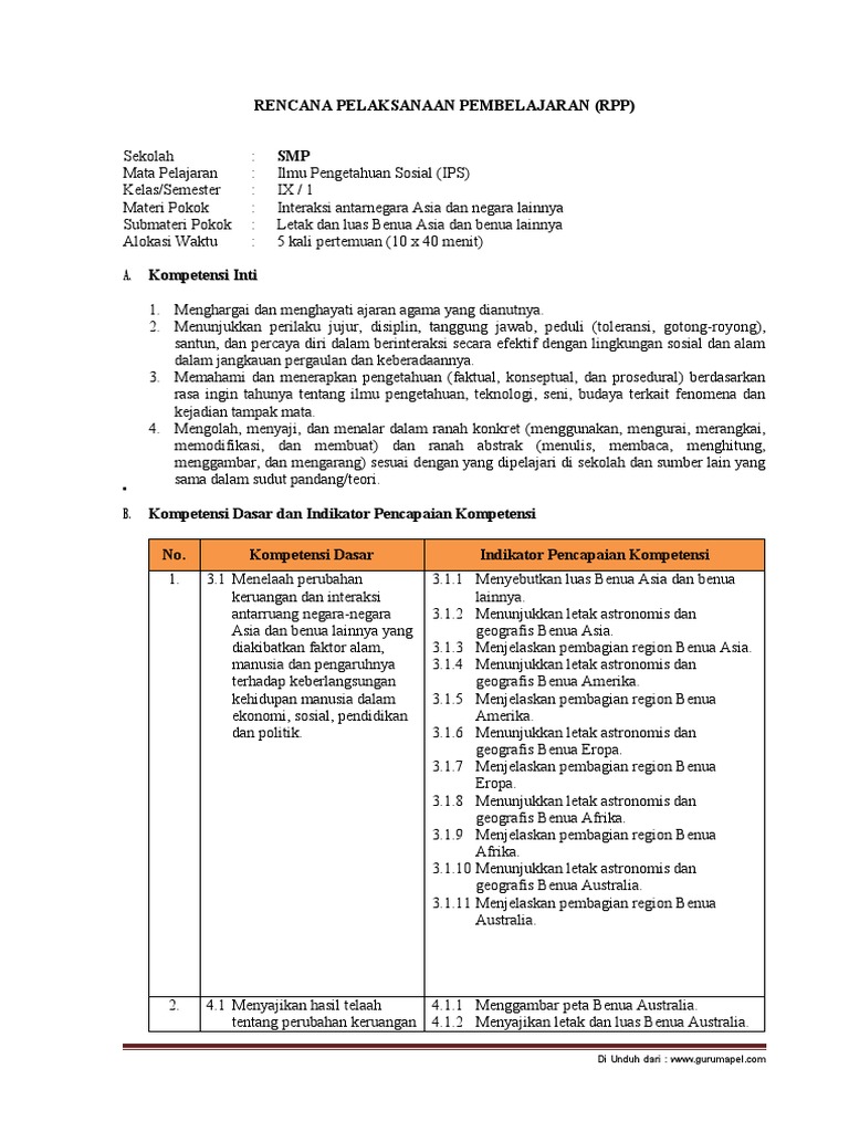RPP 01 IPS 9 KURTILAS 2018-2019 Semester I | PDF