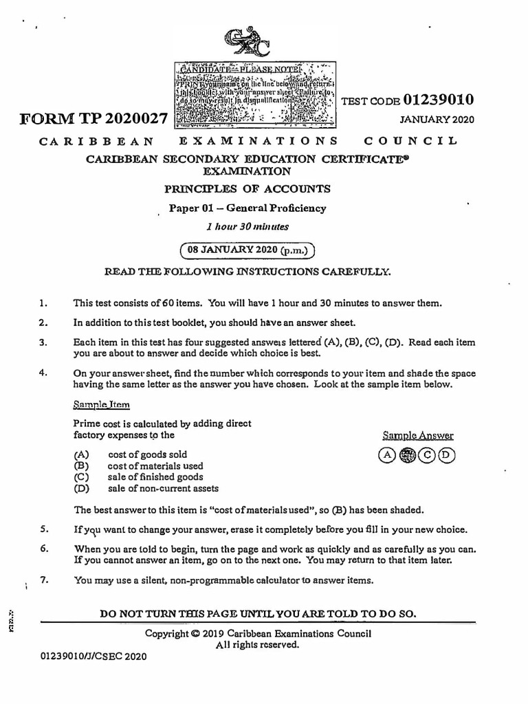 CSEC POA P1 MCQ 2020 Jan PDF | PDF | Debits And Credits | Balance Sheet